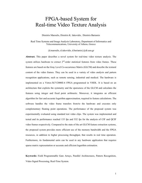 Pdf Fpga Based System For Real Time Video Texture Analysis