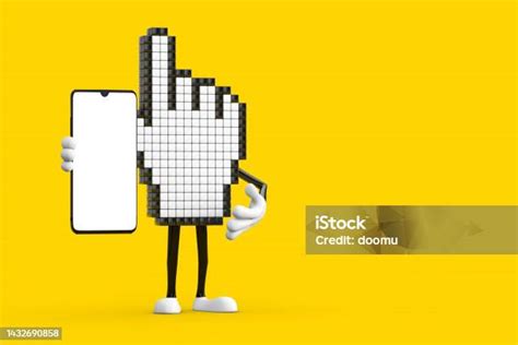 픽셀 손 커서 마스코트 사람 캐릭터와 디자인을위한 빈 화면이있는 현대 휴대 전화 3d 렌더링 노랑에 대한 스톡 사진 및 기타 이미지 Istock