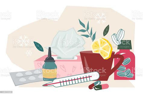 감기와 독감에 대 한 약용 치료제 손으로 그린 벡터 일러스트 레이 션 감기와 독감에 대한 스톡 벡터 아트 및 기타 이미지 감기와 독감 개체 그룹 건강관리와 의술