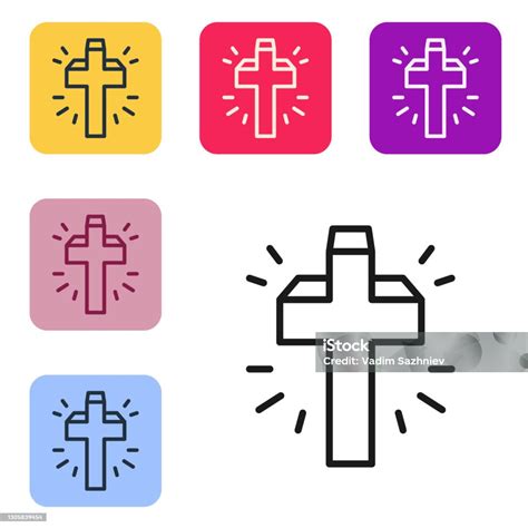 흰색 배경에 고립 된 검은 줄 기독교 십자가 아이콘 교회 십자가 색상 정사각형 단추로 아이콘을 설정합니다 벡터 0명에 대한 스톡 벡터 아트 및 기타 이미지 Istock