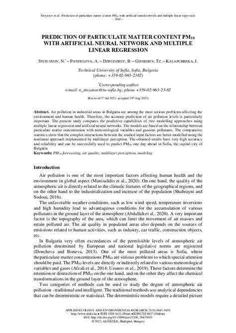 Pdf Prediction Of Particulate Matter Content Pm10 With Artificial Neural Network And Multiple