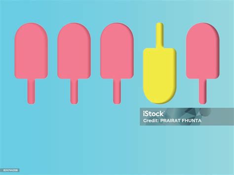 파란색 배경 복사 공간에 핑크 아이스크림 개념 중 뛰어난 노란색 아이스크림 최소한의 개념 및 종이 아트 스타일입니다 가리기에