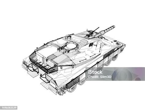 군사 개념에 대한 격리된 벡터 이미지입니다 군용 탱크 군사 장비 현실적인 탱크의 청사진 상세한 장갑차 산업 도면 윤곽선 스타일의 전쟁 차량 벡터 그림 Minuteman
