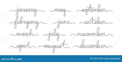 Months Names Line Cursive Calligraphy Set Calendar Continuous Handwritten Calligraphic Script