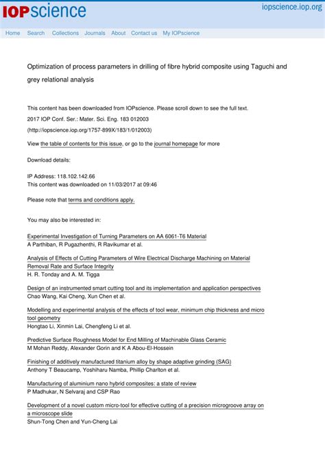 Pdf Optimization Of Process Parameters In Drilling Of Fibre Hybrid Composite Using Taguchi And