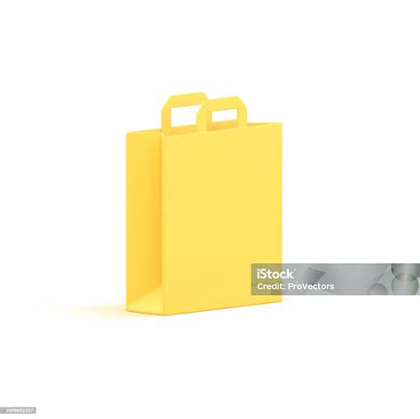쇼핑백 노란색 종이 패키지 핸들 구매 상품 운반 3d 아이콘 현실적인 벡터 3차원 형태에 대한 스톡 벡터 아트 및 기타 이미지