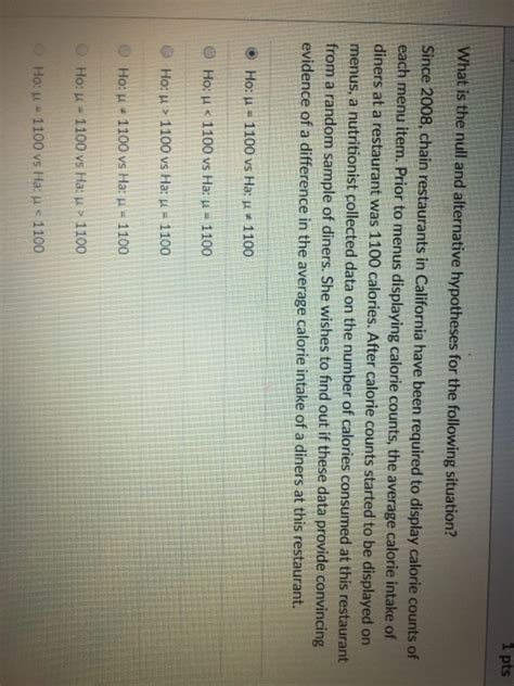 solved 1 pts what is the null and alternative hypotheses for