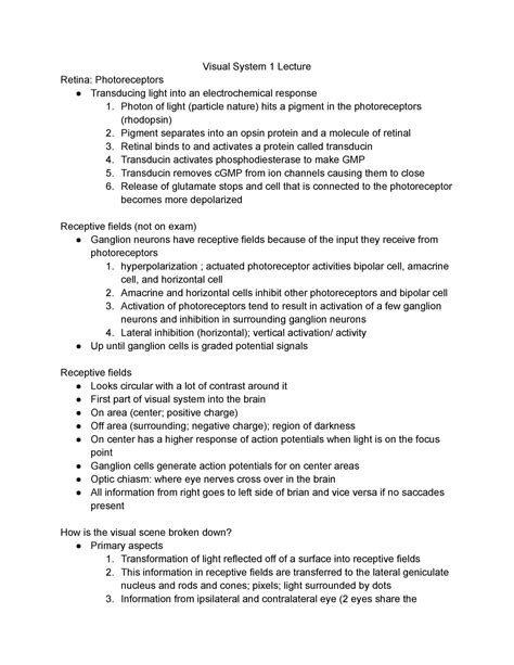 Psyc314 Visual System Lecture Notes Visual System 1 Lecture Retina