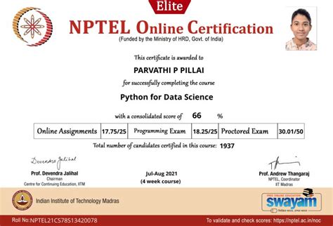 Nptel Iitmadras Python Datascience Certificate Parvathi P Pillai
