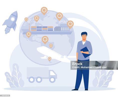 국제 배달 서비스 개념 글로벌 운송 시스템 선박 추적 협업 물류 해상 교통 온라인 글로벌 추적기 플랫 벡터 현대 일러스트레이션 개념에 대한 스톡 벡터 아트 및 기타 이미지