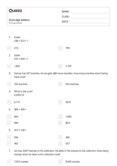 50 Multi Digit Addition Worksheets On Quizizz Free And Printable