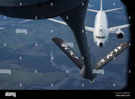A Us Navy P 8 Poseidon Approaches A Kc 135 For Aerial Refueling Over