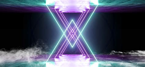 연기 가상 현실 미래 지향적 인 현대 우아한 네온 빛나는 공상 과학 Fi 레이저 빔 단계 보라색 파란색 삼각형 모양의 터널 지 하 터널 복도 차고 3d 렌더링 0명에 대한