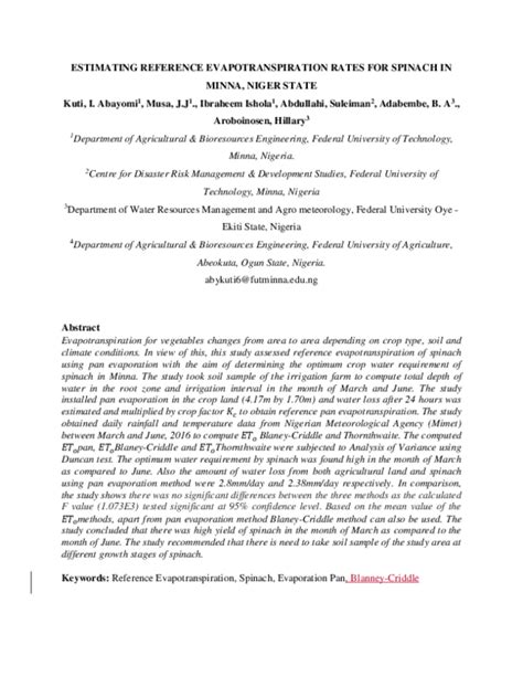 Pdf Estimating Reference Evapotranspiration Rates For Spinach In