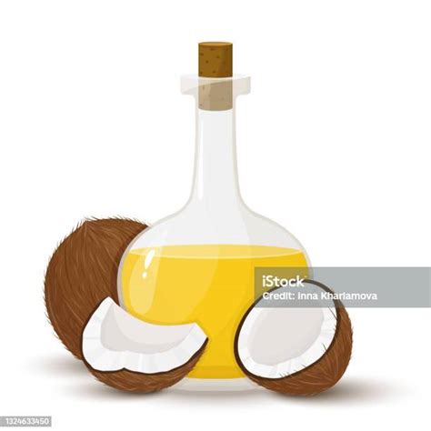 유리 병에 코코넛 오일 코코넛 전체와 깨진 너트 흰색 배경에서 격리된 플랫 일러스트 벡터입니다 유기농 건강 제품 화장품 야자 나무 코코 야자에 대한 스톡 벡터 아트 및 기타