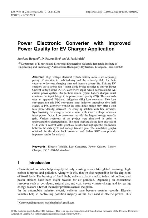 Pdf Power Electronic Converter With Improved Power Quality For Ev Charger Application