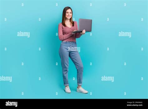 Full Body Photo Of Young Expert Coder Javascript Development Girl Hold
