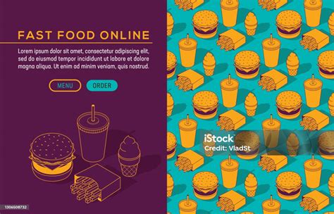 패스트 푸드 정크 식사 햄버거 소다 감자 튀김 이소측정 원활한 패턴 브로셔 템플릿 프렌치 프라이에 대한 스톡 벡터 아트 및 기타