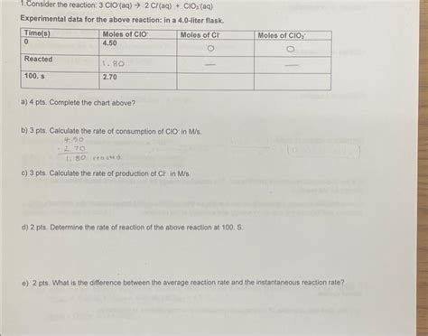 Solved 1 Consider The Reaction 3clo− Aq →2cl Aq Clo3 Aq