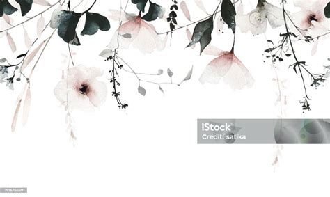 수채화 꽃 완벽 한 테두리 프레임입니다 파스텔 핑크 양귀비 장미 검은 은행나무 Biloba 야생화 잎 가지 은행나무에 대한 스톡 벡터 아트 및 기타 이미지 Istock