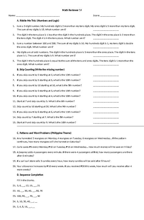 Math Reviewer 14 Numbers Logic And Patterns Exercises Studocu
