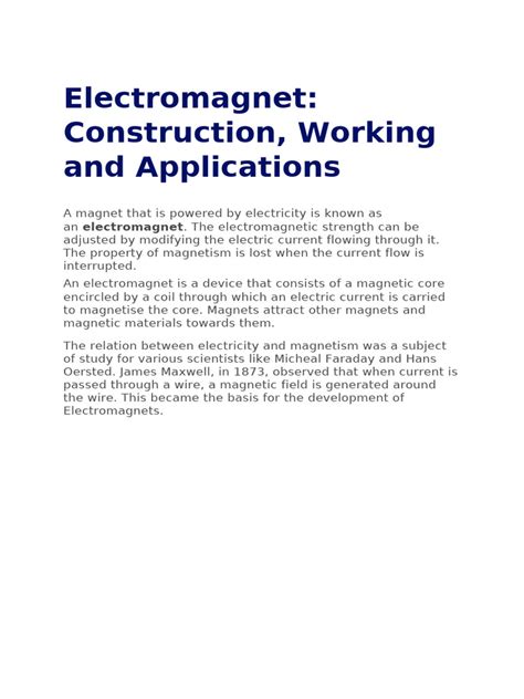 Electromagnet Construction And Uses Pdf Magnetism Magnetic Field