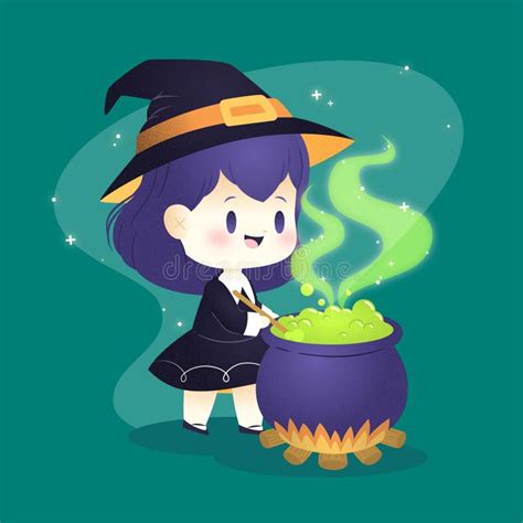 Cute Halloween Witch Stirring Pot Design Illustration Stock Vector