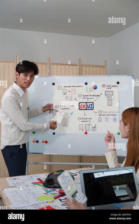 Ux Developer And Ui Designer Presenting Mobile App Interface Design On Whiteboard In Meeting At