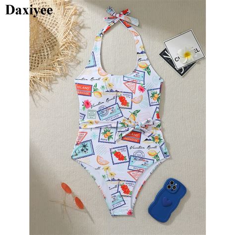 High Neck Women Swimwear Coconut Tree Fruit Print One Piece Swimsuit