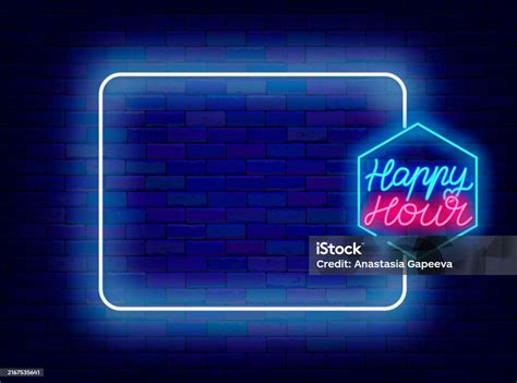 해피 아워 네온 포스터 빈 흰색 프레임과 글자 먹는 디자인 나이트 클럽 공간을 복사합니다 벡터 일러스트 레이 션 개념에 대한 스톡 벡터 아트 및 기타 이미지 Istock