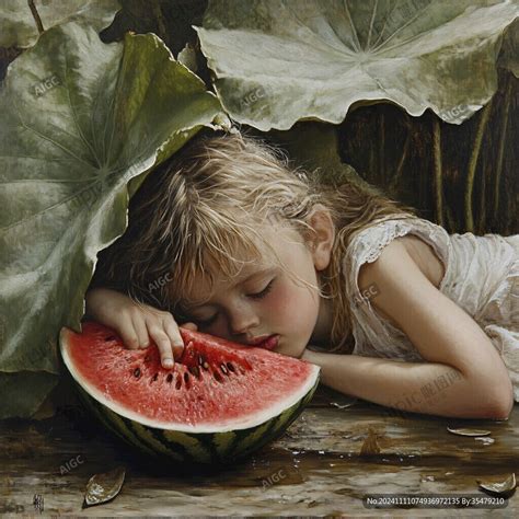 Ai创作图夏眠 超写实油画 吃西瓜啃秋 玩累了小女孩睡着了 打瓜高清图片 甜蜜梦乡 抱大西瓜 甜美的梦境 超写实插画 油画特效照片 西瓜装饰画