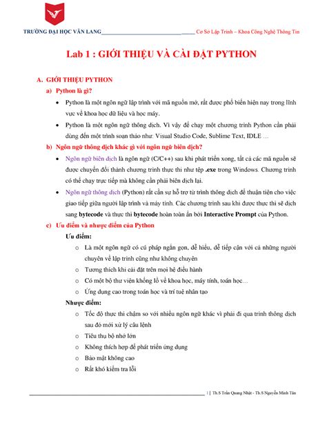 Lab Giới thiệu và cài đặt Python Lab GIỚI THIỆU VÀ CÀI ĐẶT PYTHON A GIỚI THIỆU PYTHON a