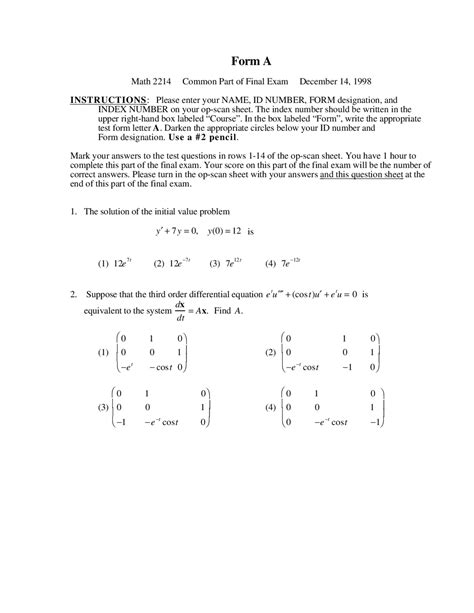 14 Questions In Final Exam Form A Introduction To Differential Equations Math 2214 Docsity