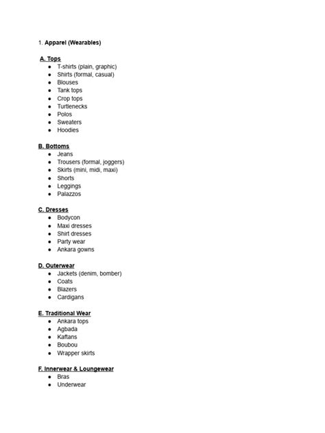 Detailed Product Categorization List Pdf
