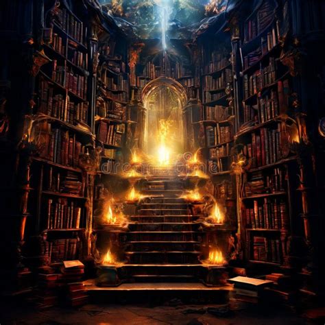 Mystical Library with Glowing Portal and Firelit Stairs Stock Image - Image of firelit ...
