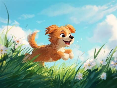 Animated Cartoon Puppy Running On Green Grass With Flowers In The