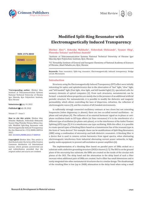 Pdf Modified Split Ring Resonator With Electromagnetically Induced