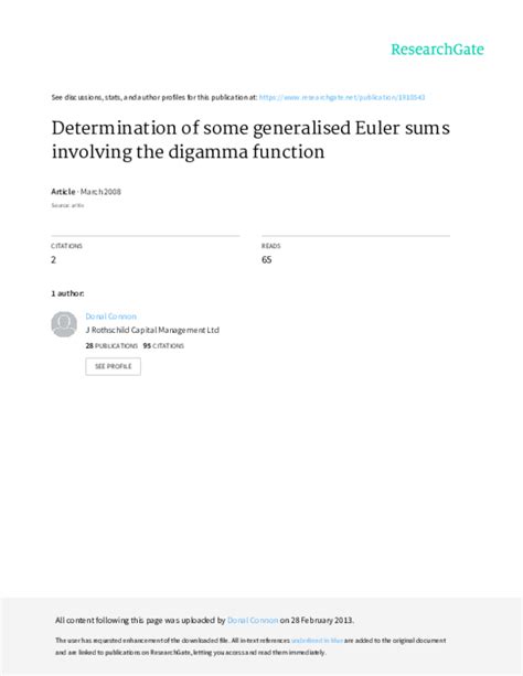 Pdf Determination Of Some Generalised Euler Sums Involving The Digamma Function