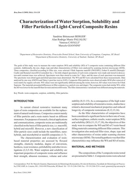 Pdf Characterization Of Water Sorption Solubility And Filler Particles Of Light Cured