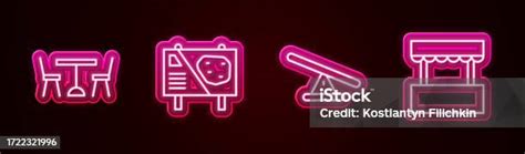 의자가 있는 피크닉 테이블 놀이공원 광고판 시소 매표소가 있습니다 빛나는 네온 아이콘입니다 벡터 형광색의에 대한 스톡 벡터 아트 및 기타 이미지 Istock