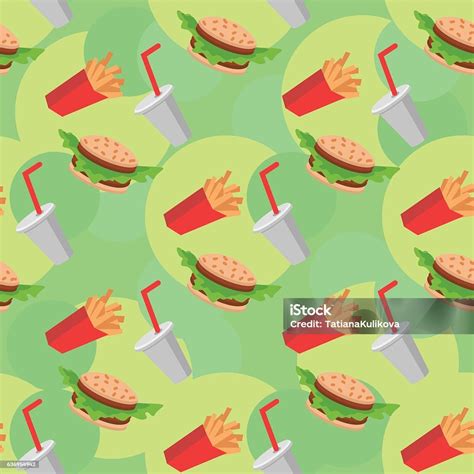 치즈버거 채소 감자 튀김 탄산음료가 있는 패스트푸드 원활한 패턴 귀여운에 대한 스톡 벡터 아트 및 기타 이미지 귀여운