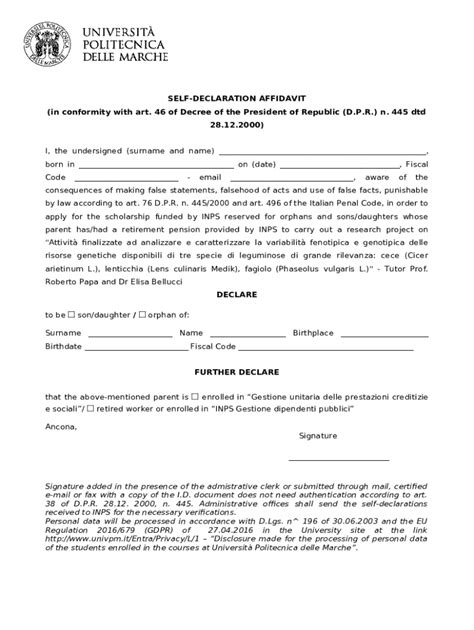 Self Declaration Pursuant To Art 46 E 47 Dpr Doc Template Pdffiller