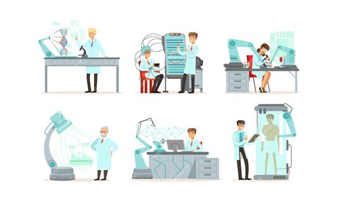 Premium Vector Scientists Working In Laboratory With Robots Vector