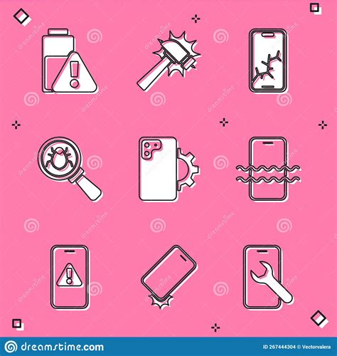Set Smartphone Battery Charge Hammer Mobile With Broken Screen System Bug Phone Repair