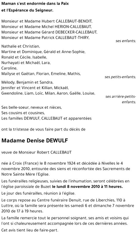 Avis De Décès De Denise Dewulf Décédé Le 04112010 à Nivelles Annonce Condoléances Fleurs