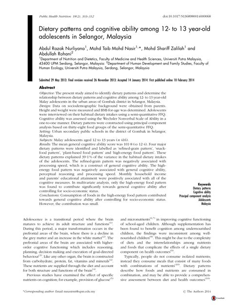 Pdf Dietary Patterns And Cognitive Ability Among 12 To 13 Year Old
