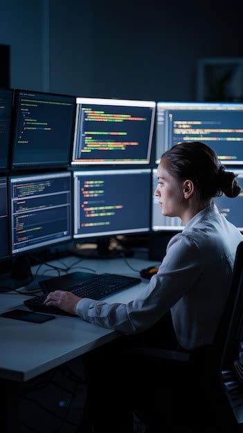 Female Programmer Coding On Desktop Computer With Six Monitors Setup In