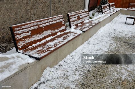광장의 나무 아래 포장 도로에 더럽고 차가운 흔들 의자 공원에 있는 1인용 열대 나무로 만든 나무 데크 의자 눈 큐브 갈색 판자로 만든 편안한 판자 칸막이 강철 프레임