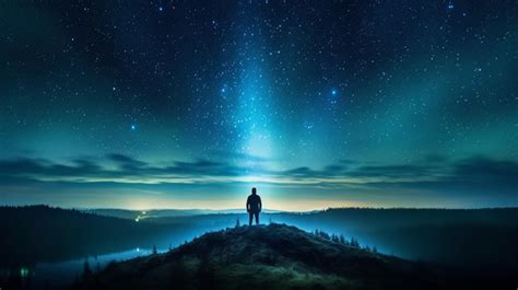 Premium Photo A Man Stands On A Hill Looking At The Stars
