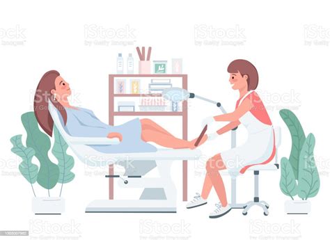 페디큐어 플랫 컬러 벡터 문자 매니큐어를 적용 전문 미용사 여성 클라이언트는 미용 치료를 받고 스파 서비스 뷰티 살롱 절차 고립 된 만화 일러스트 벡터에 대한 스톡 벡터